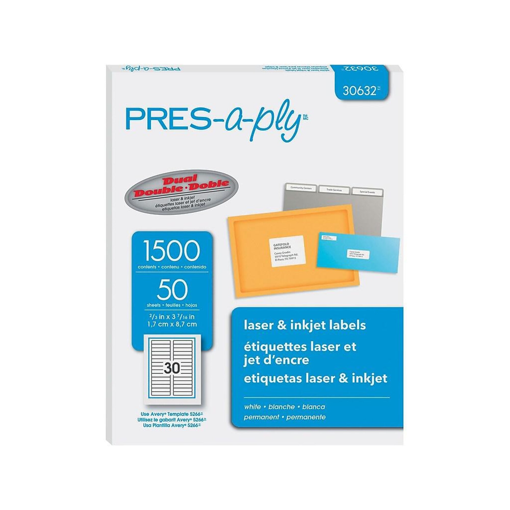 Pres-a-ply Laser/Inkjet File Folder Labels, 2/3 x 3 7/16, White, 1500 ...