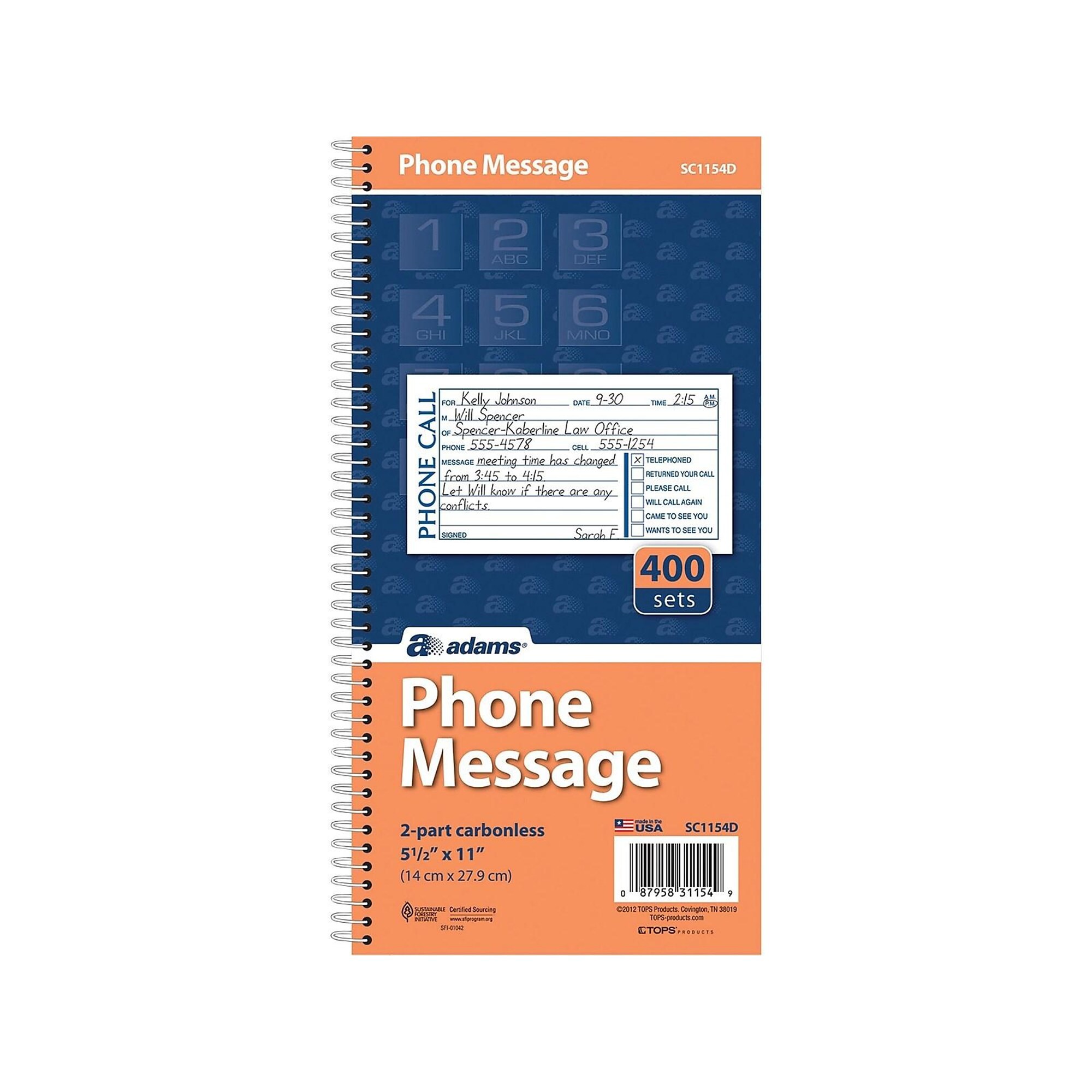 Adams Phone Message Pad, 5.5 x 11, Ruled, White/Canary, 100 Sheets/Pad ...