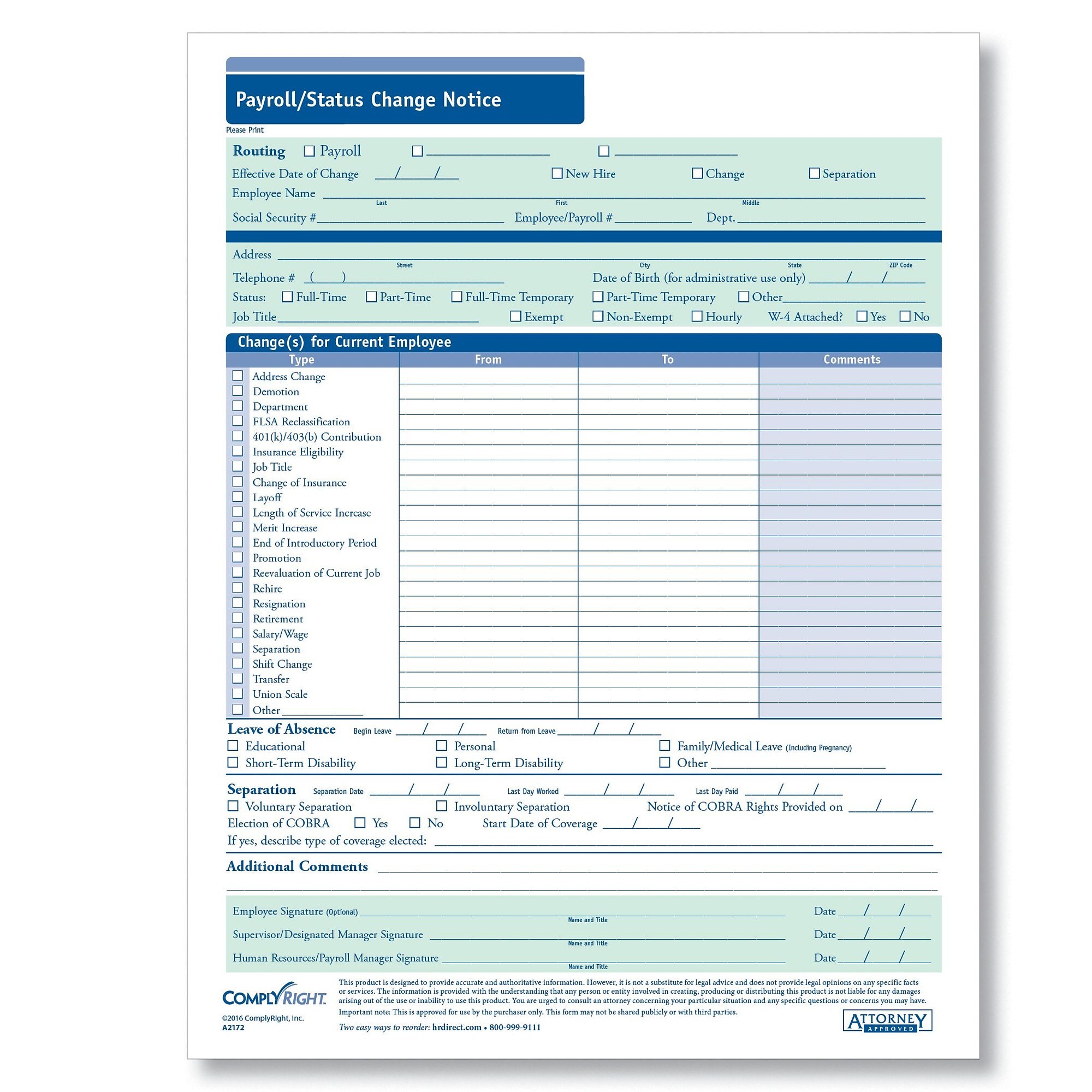 ComplyRight Payroll Status Change Notice, Pack of 50 (A2172) | Quill ...