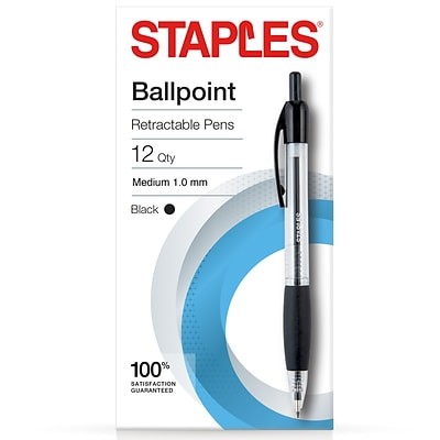 Staples Retractable Ballpoint Pens, Medium Point, 1.0mm, Black Ink ...