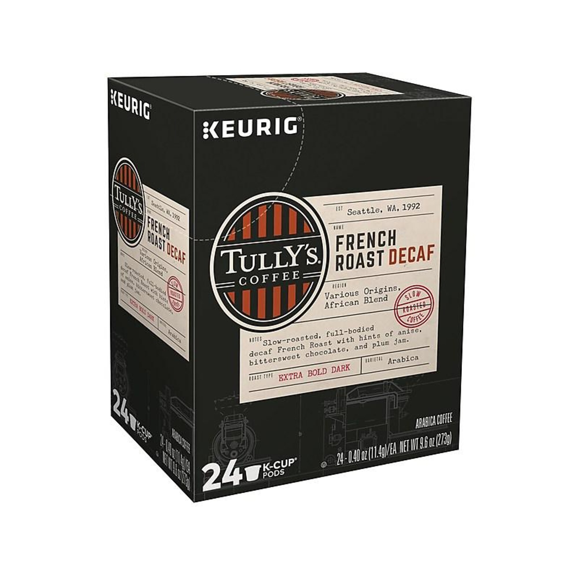 Tully's Tullys French Roast Decaf Coffee, Keurig K-Cup Pod, Dark Roast ...