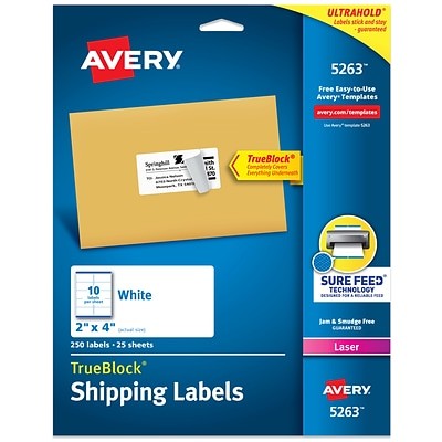 Avery TrueBlock Laser Shipping Labels, 2 x 4, Matte White, 250 Labels ...