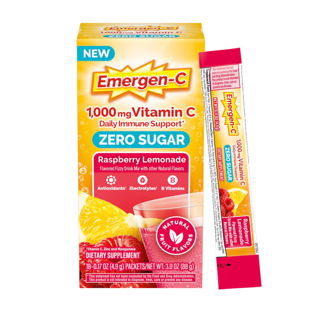 Emergen-C Zero Sugar Daily Immune Support Raspberry Lemonade 18 Packets ...