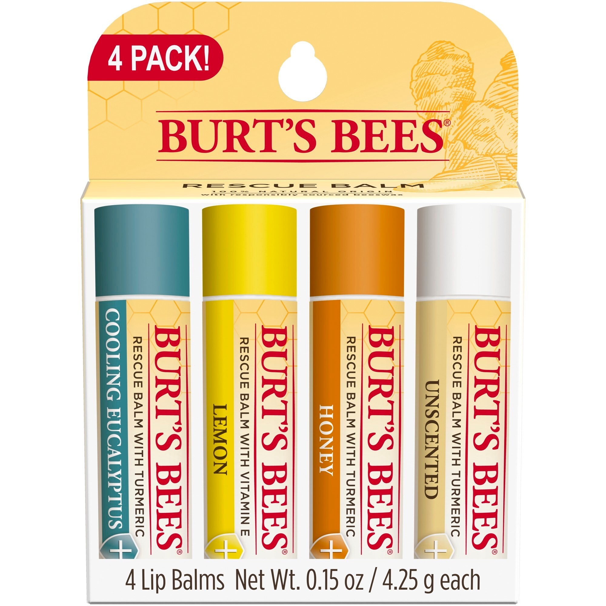 Burt's Bees 100% Natural Origin Rescue Lip Balm, Unscented, 4 CT Deals ...