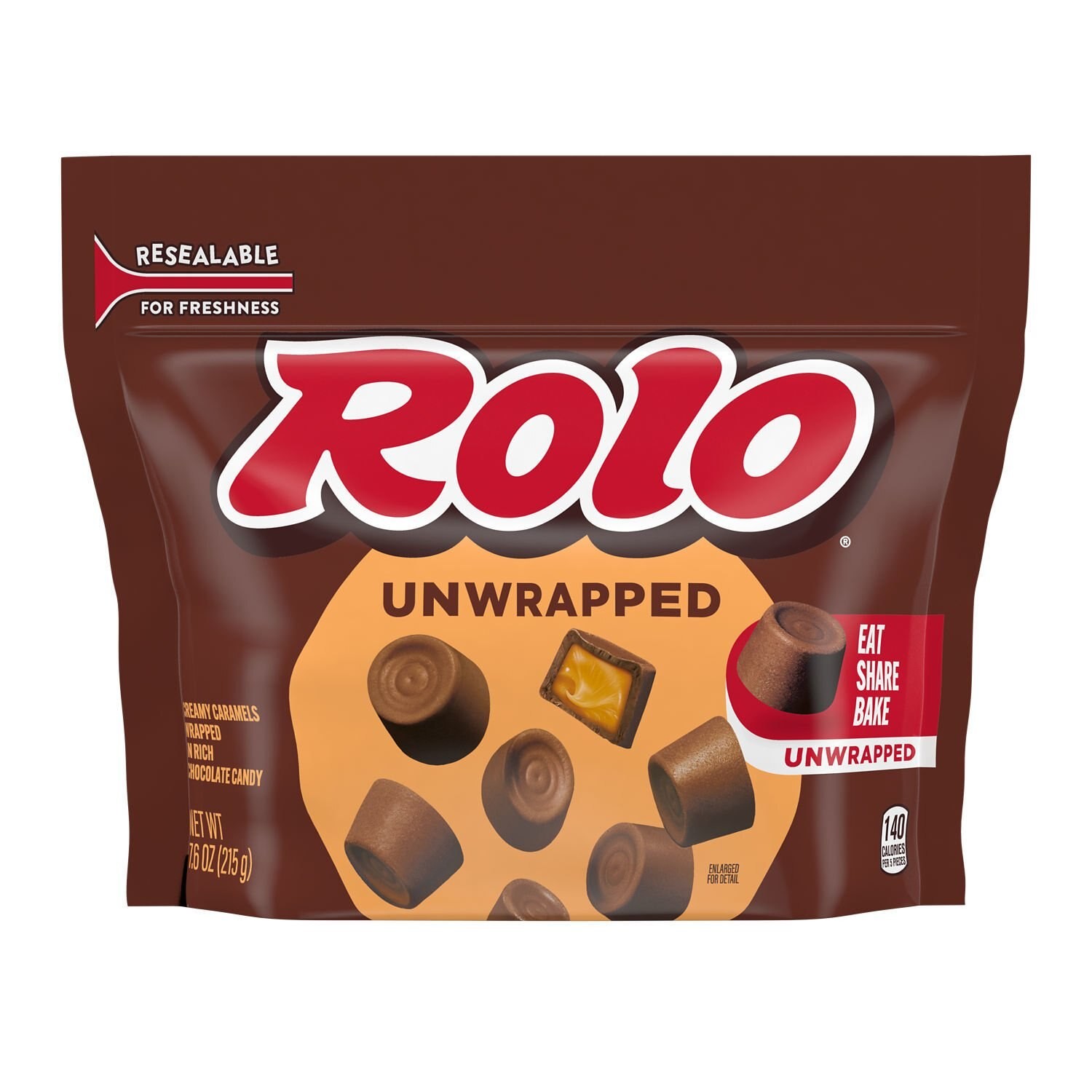 Rolo Unwrapped Rich Chocolate Caramels Candy Resealable Bag, 7.6 oz ...