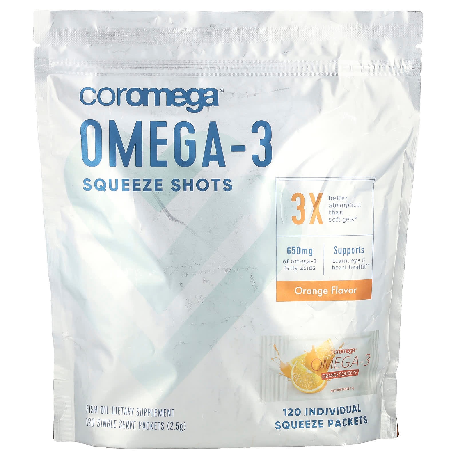 Coromega, Omega-3, Squeeze Shots, Orange , 120 Single Serve Packets, (2 ...