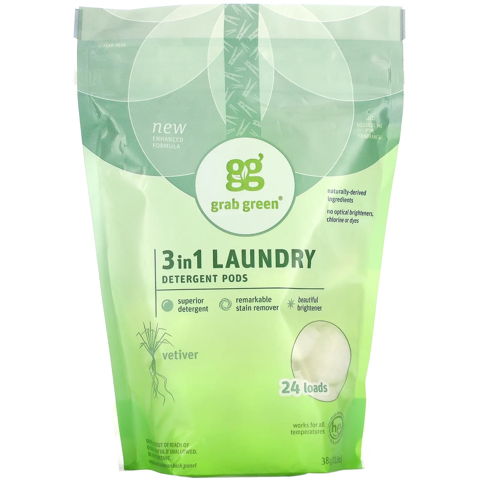 Grab Green, 3 in 1 Laundry Detergent Pods, Vetiver, 24 Loads, 13.5 oz ...