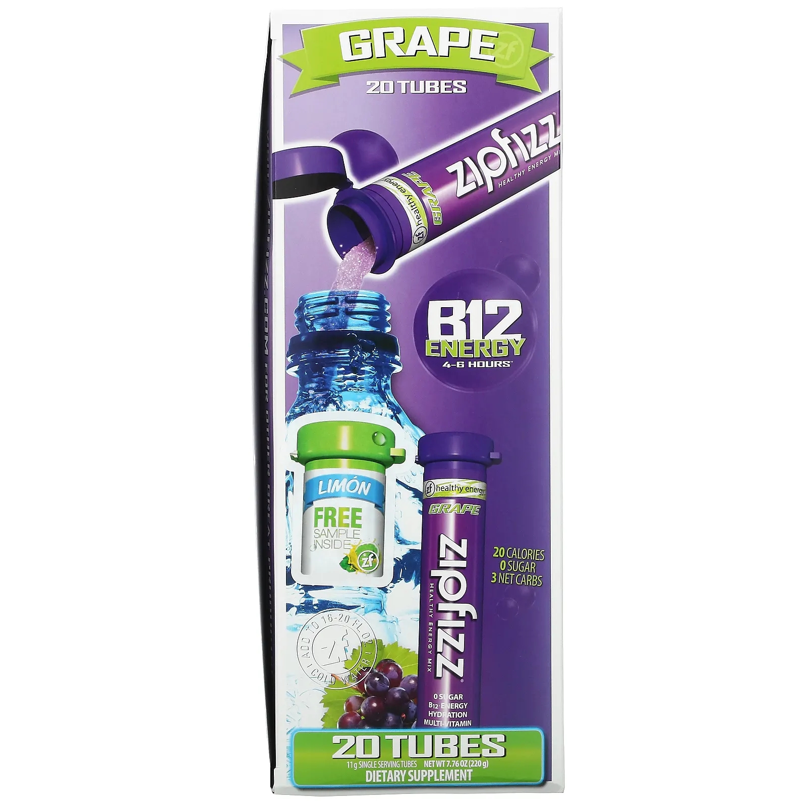 Zipfizz, Healthy Sports Energy Mix with Vitamin B12, Grape, 20 Tubes, 0 ...