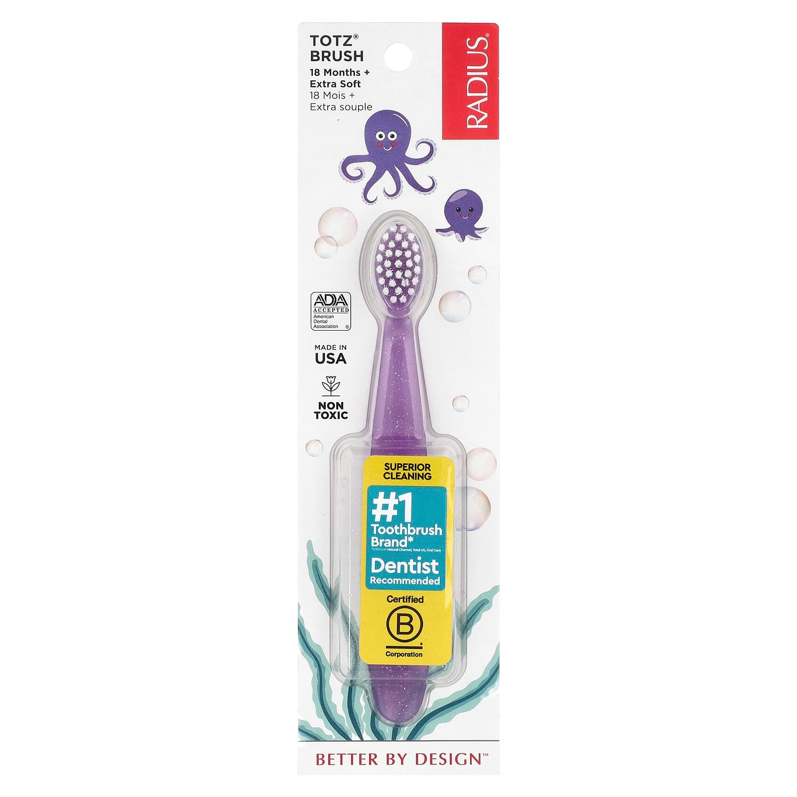 RADIUS, Totz® Toothbrush, 18+ Months, Extra Soft, Purple Sparkle, 1 ...