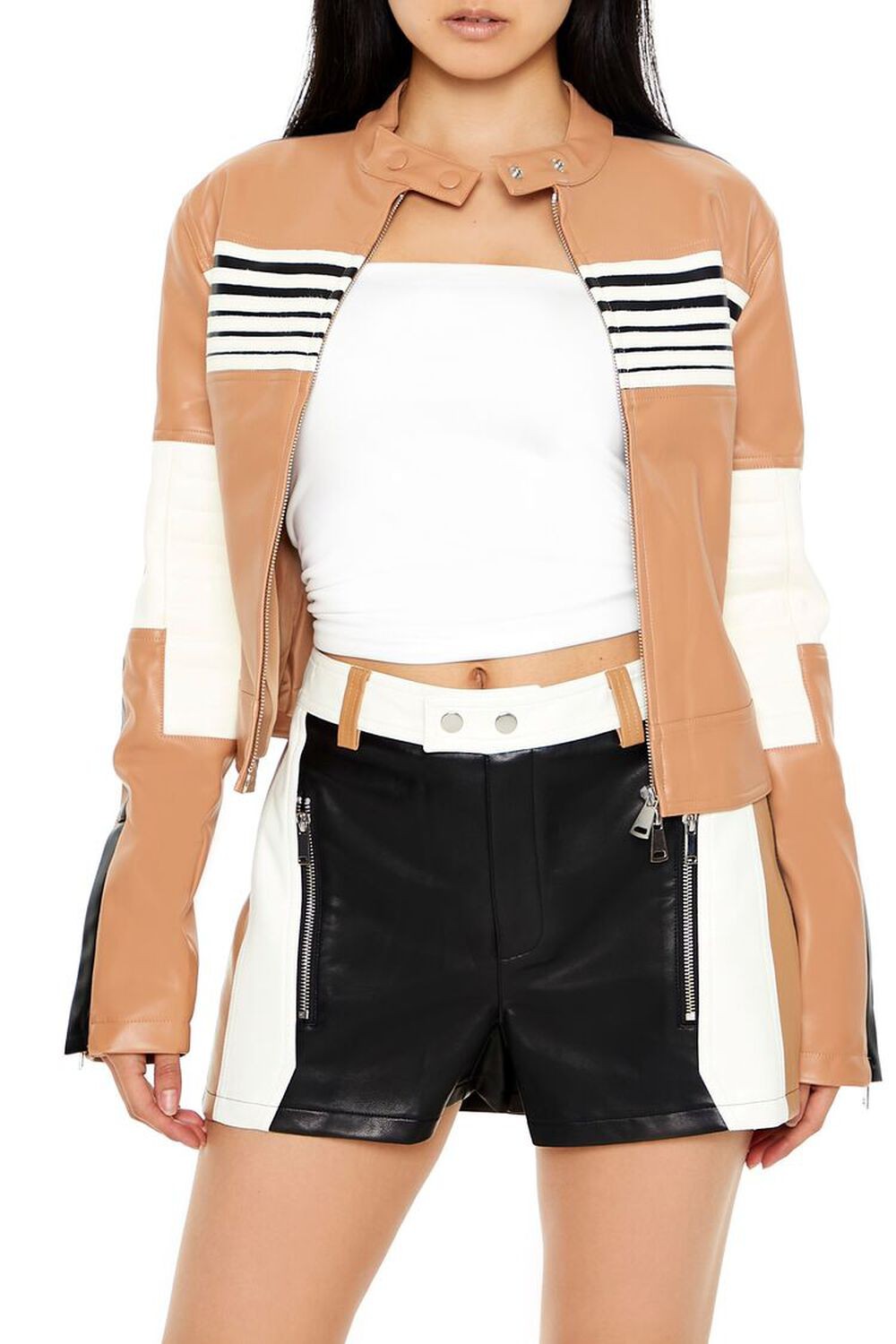 Women's Striped Colorblock Moto Jacket in Brown Large melhores ofertas ...
