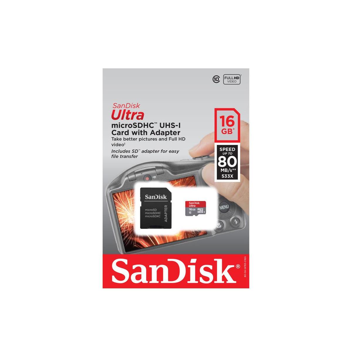SanDisk 16GB Ultra microSDHC UHS-I Class 10 Memory Card, SD Adapter ...
