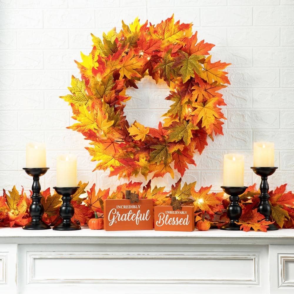 24 in. Dia Fall Lighted Maple Leaves Artificial Fall Wreath: le ...