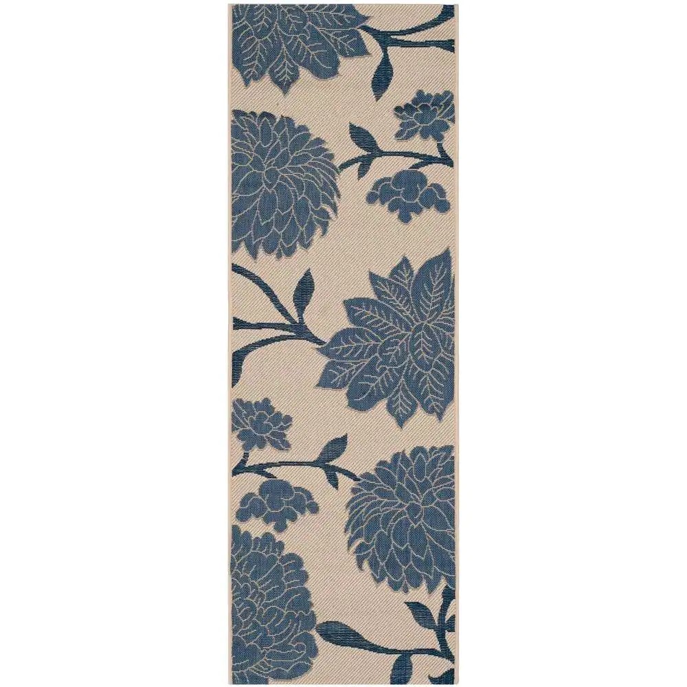 Courtyard Beige/Blue 2 ft. x 8 ft. Floral Scroll Indoor/Outdoor Patio ...