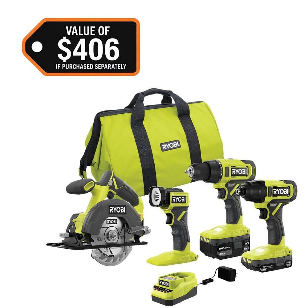 RYOBI ONE+ 18V Cordless 4-Tool Combo Kit with 1.5 Ah Battery, 4.0 Ah ...