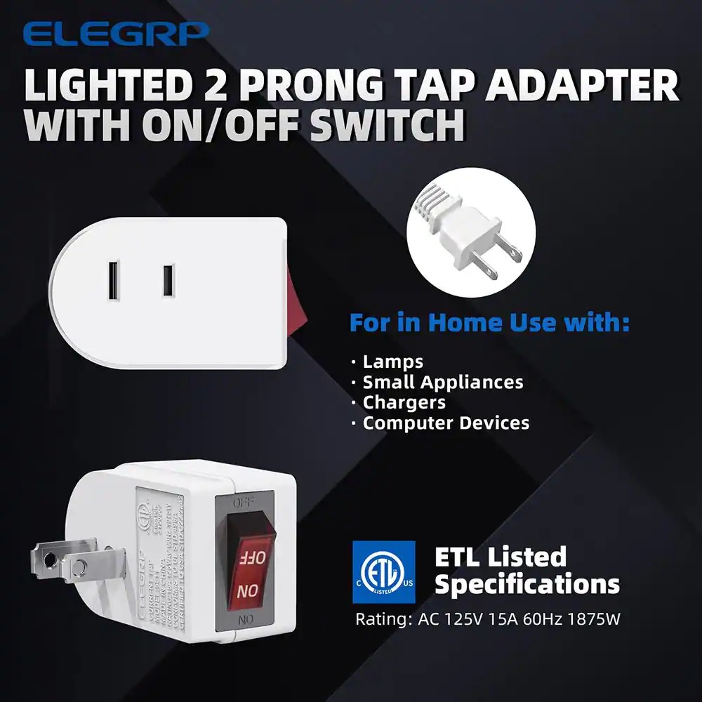 ELEGRP 15 Amp 125-Volt 2 Prong Grounded Single Outlet Adapter Plug with ...