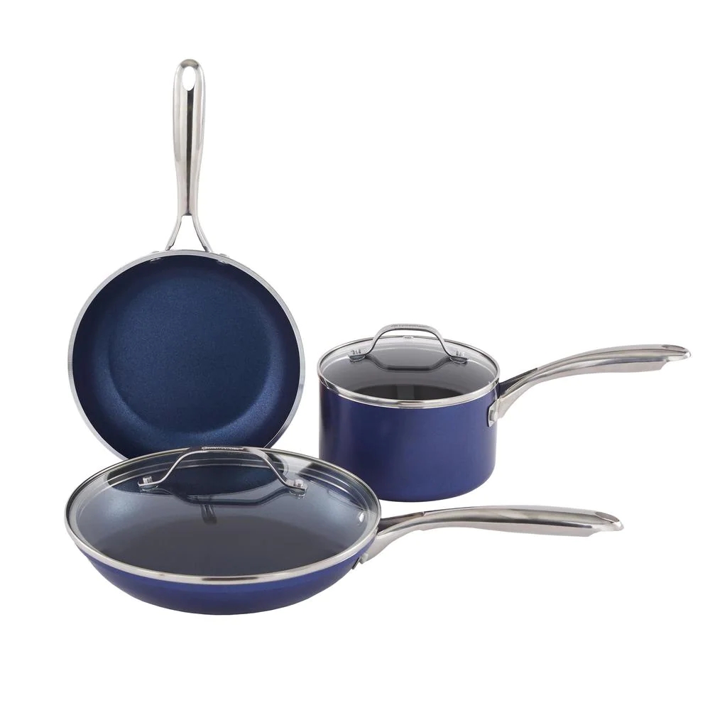 Classic Blue 5-Piece Aluminum Ultra-Durable Non-Stick Diamond Infused ...