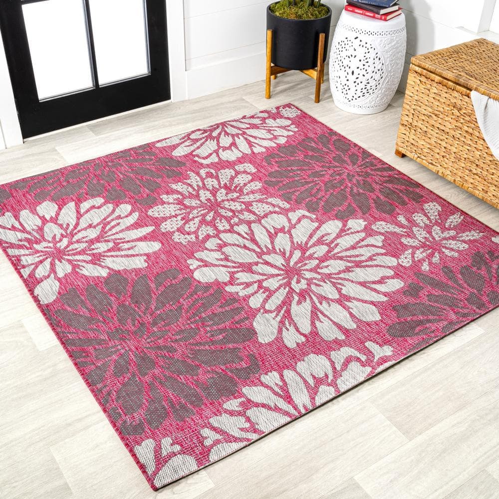 Zinnia Modern Floral Textured Weave Fuchsia/Light Gray 5 ft. Square ...